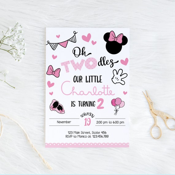 Editable Oh Twodles Minnie Mouse Birthday Invitation in Pink, Minnie ...
