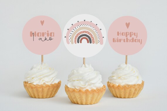 Editable BOHO RAINBOW Cupcake Toppers, Printable Boho Rainbow Birthday ...