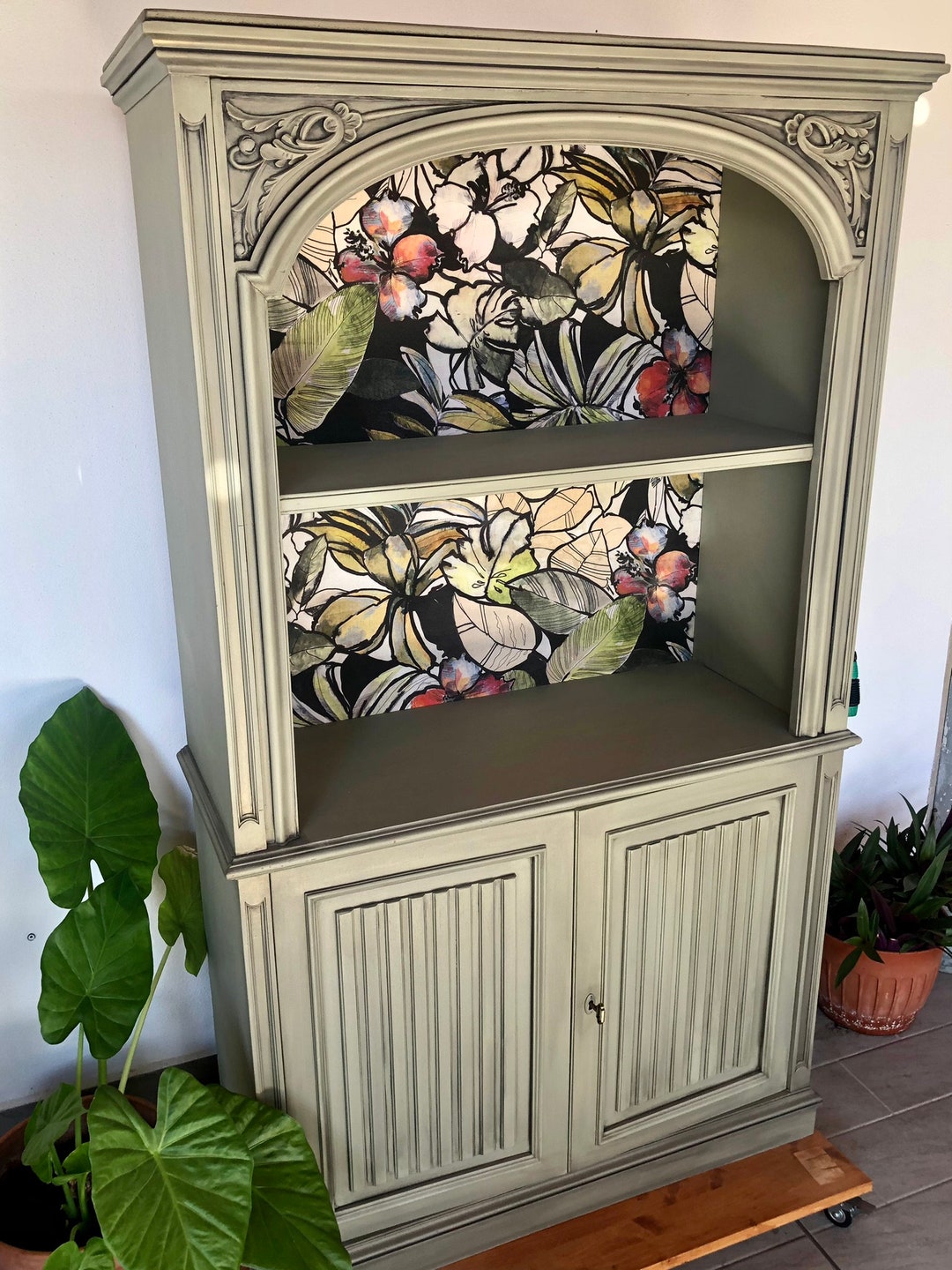 Flowers Bookcase Sideboard Vintage Shabby Green Sage Wood - Etsy