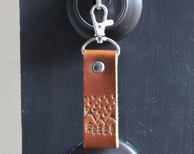 Stars Mountains Trees Brown Leather Keychain Handmade in USA Key Ring ...