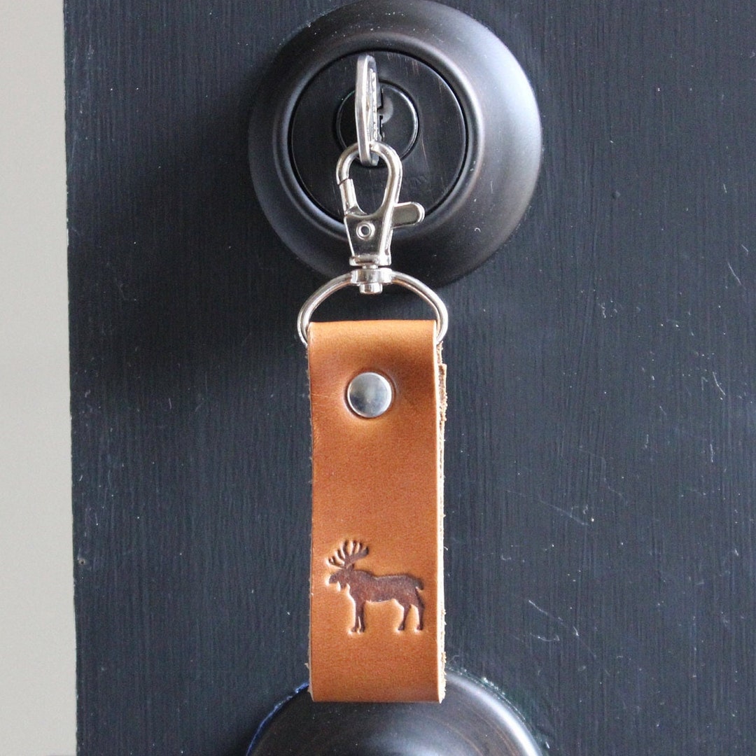 Moose Keychain Brown Leather Key Fob Ring ME VT NH Theme - Etsy