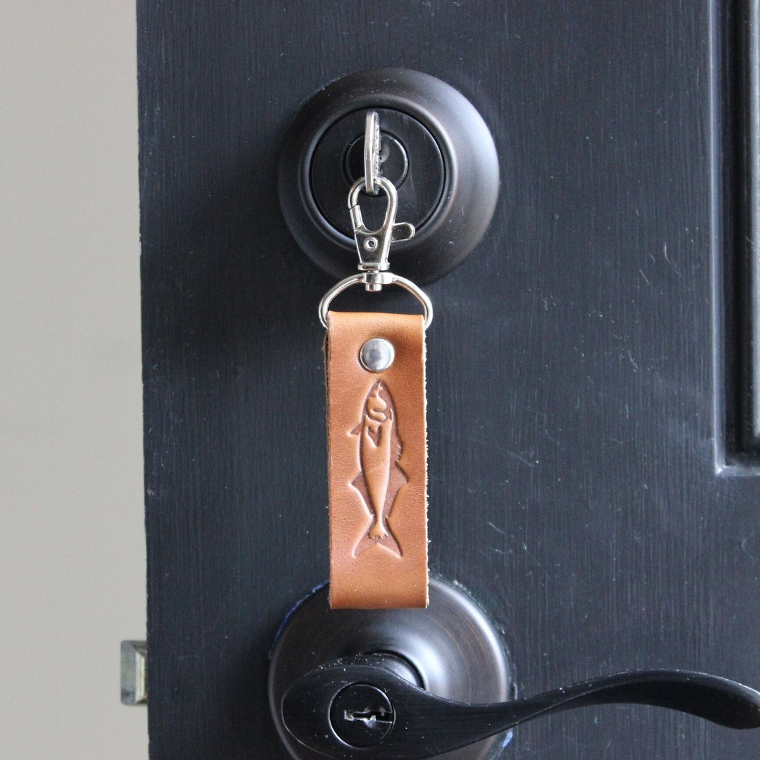Blue Fish Brown Leather Keychain Handmade in USA Key Ring Ocean ...
