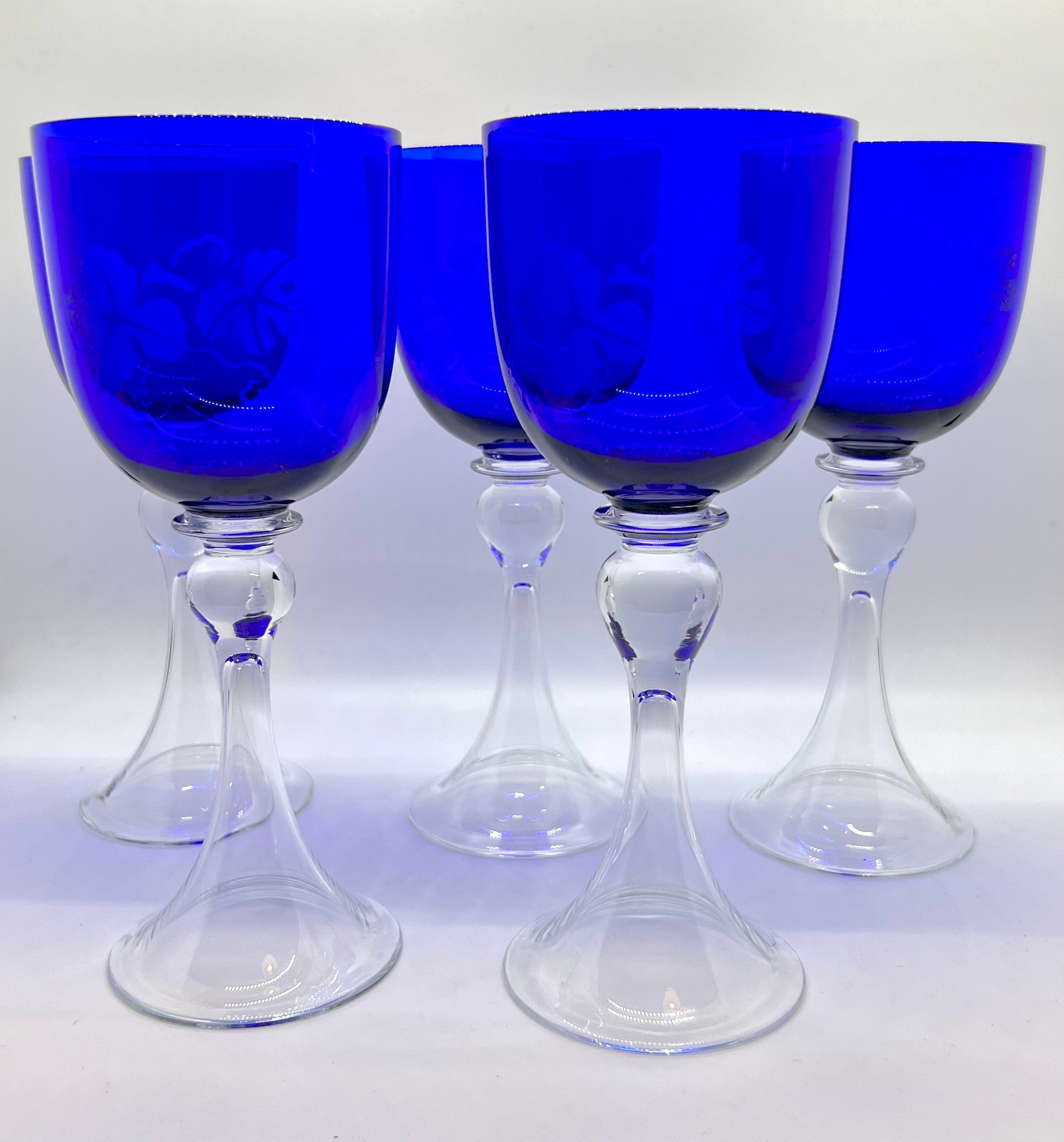 Rare VINTAGE WINE GLASS Vintage Blue Goblets Hollow Stem Glasses Etched ...