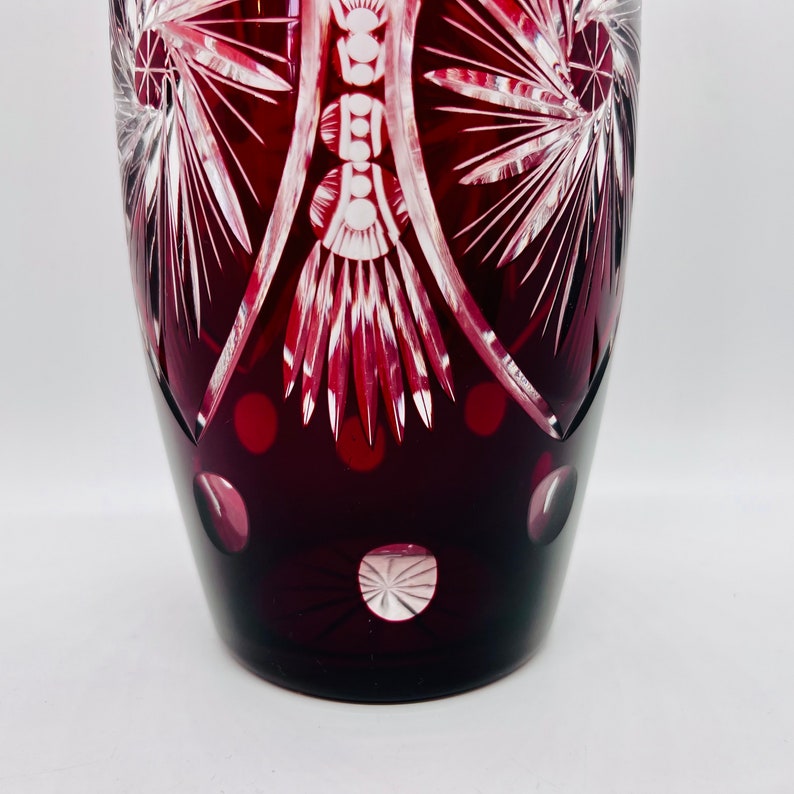 Vintage Bohemian Red Glass Vase, Ruby Red Cut in Clear Vase, Pinwheel ...