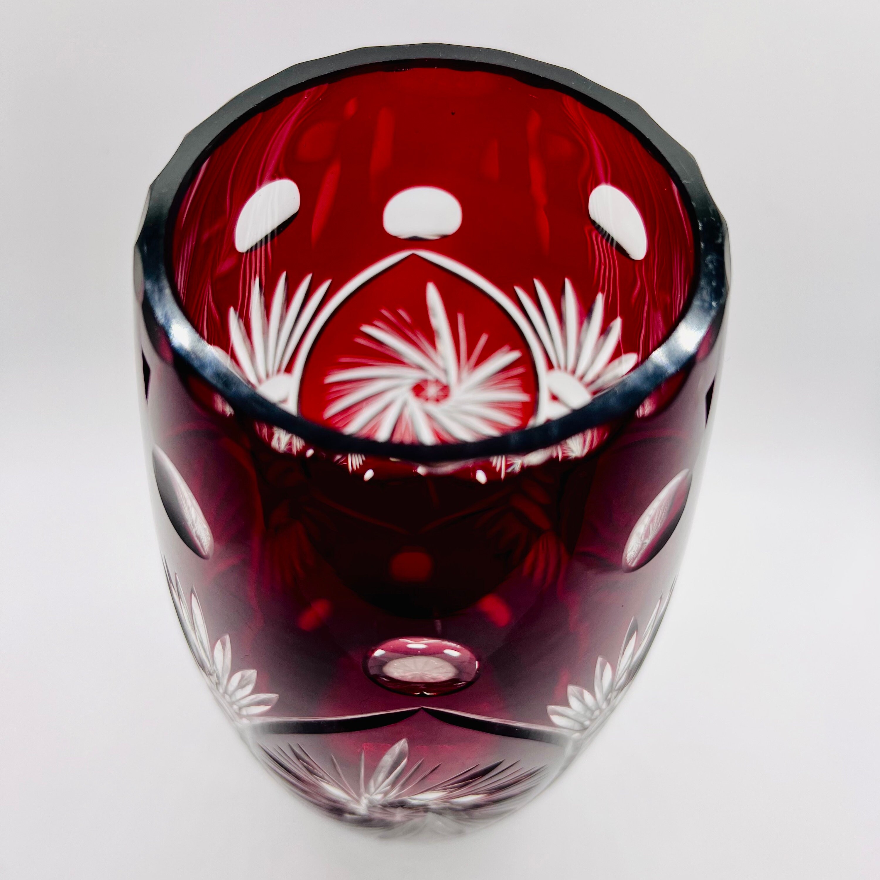 Vintage Bohemian Red Glass Vase, Ruby Red Cut in Clear Vase, Pinwheel ...