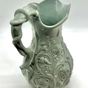 ANTIQUE JADE PITCHER - Green Stone Relief Moulded Jug | Chrysanthemum ...