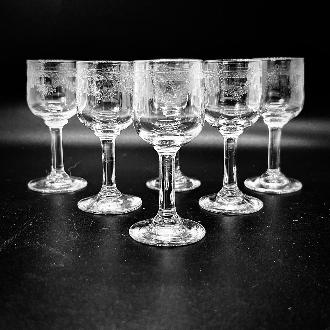 Vintage Shot Glasses Antique Needle Etched Small Toasting Glasses Vintage Crystal Shot Glasses