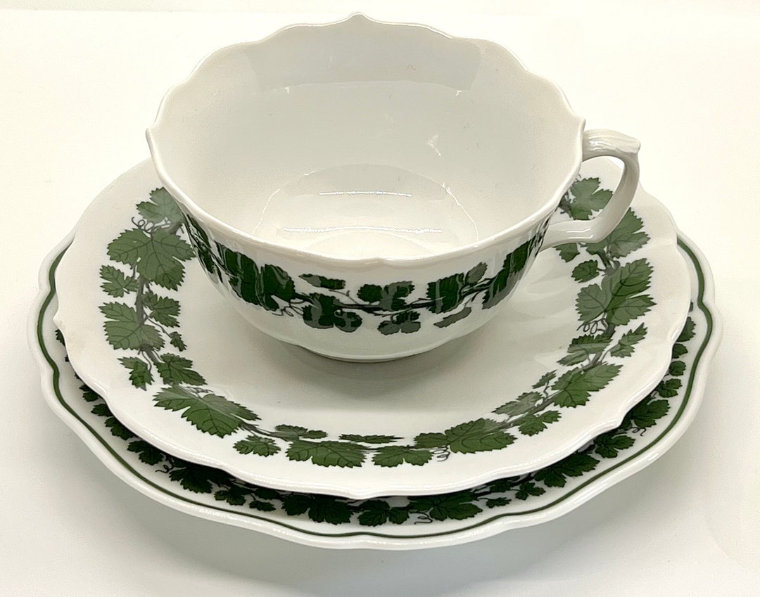 Antique Meissen Gilded Green Ivy Vine Tea Set Trio With Cake Plate, C ...