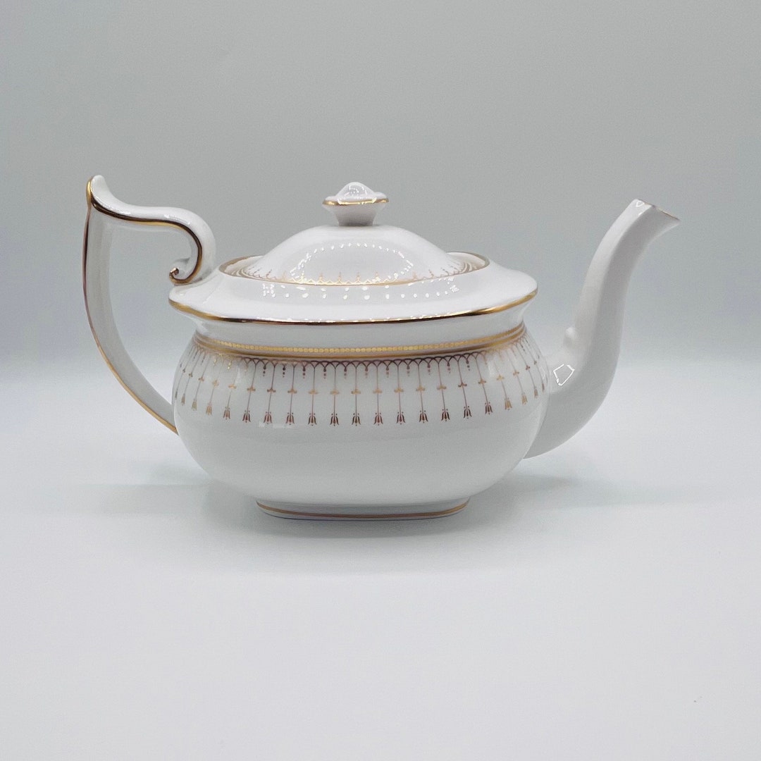 Vintage Spode Bone China Teapot, Queens Gate Pattern, White Porcelain With Gold Decoration ...
