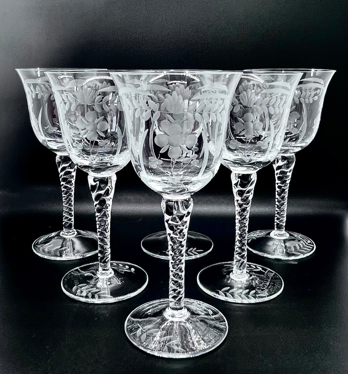 ANTIQUE ETCHED WINE Glasses 6 Vintage White Wine Glasses With Spiral ...