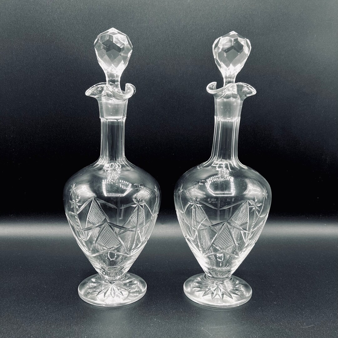 ANTIQUE GLASS DECANTERS Pair of Art Deco Cut Footed Bulb Shaped ...