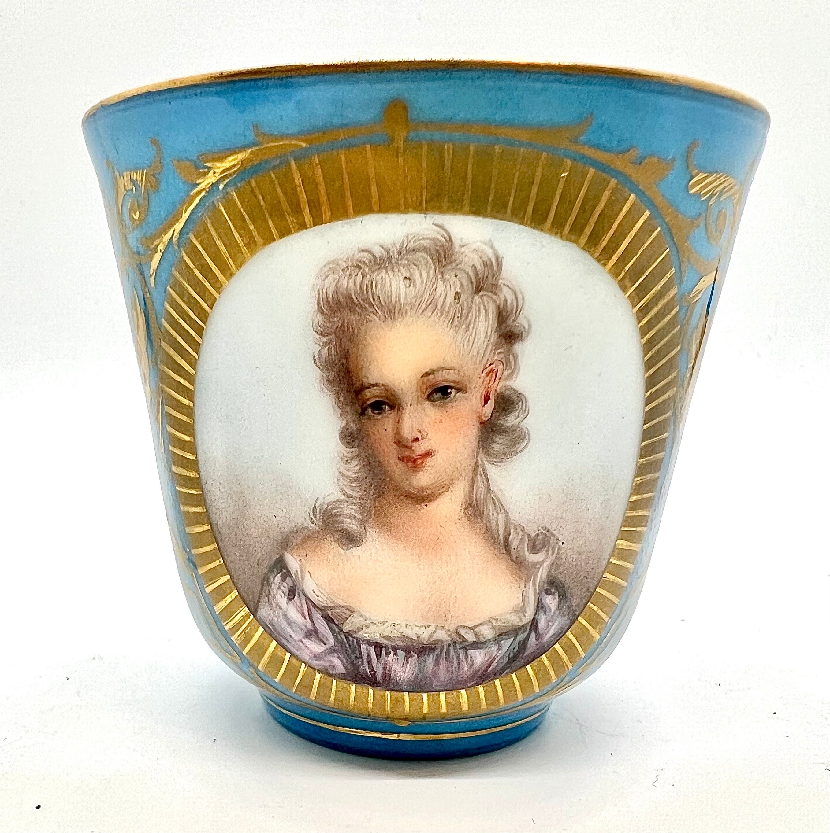 ANTIQUE SEVRES PORCELAIN Cup & Saucer, Handpainted Portrait Celeste ...