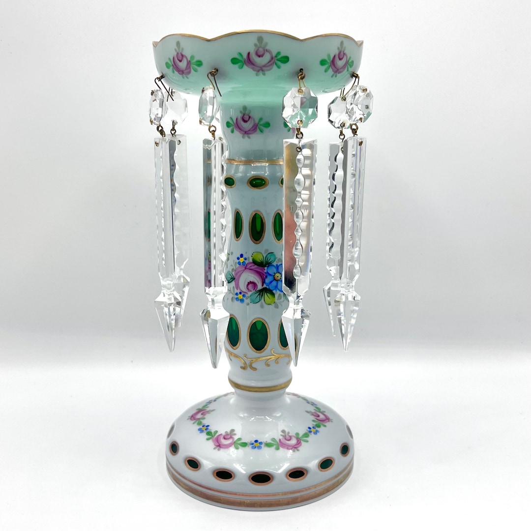 Victorian Glass Lustre Candle Holder: Handpainted Floral Crystal Drops ...