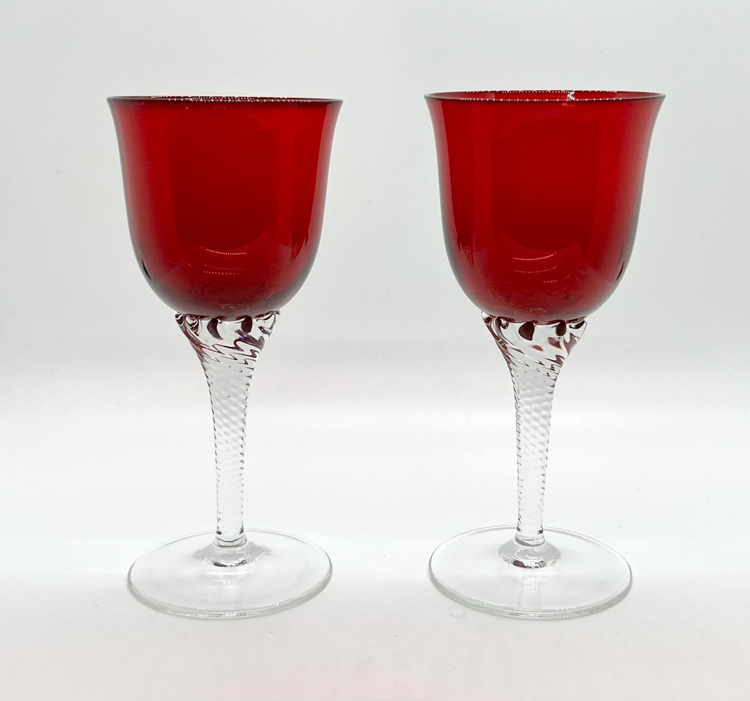 Vintage Port Glasses | 2 Red Glass Cups on Clear Twisted Stem, Regency ...