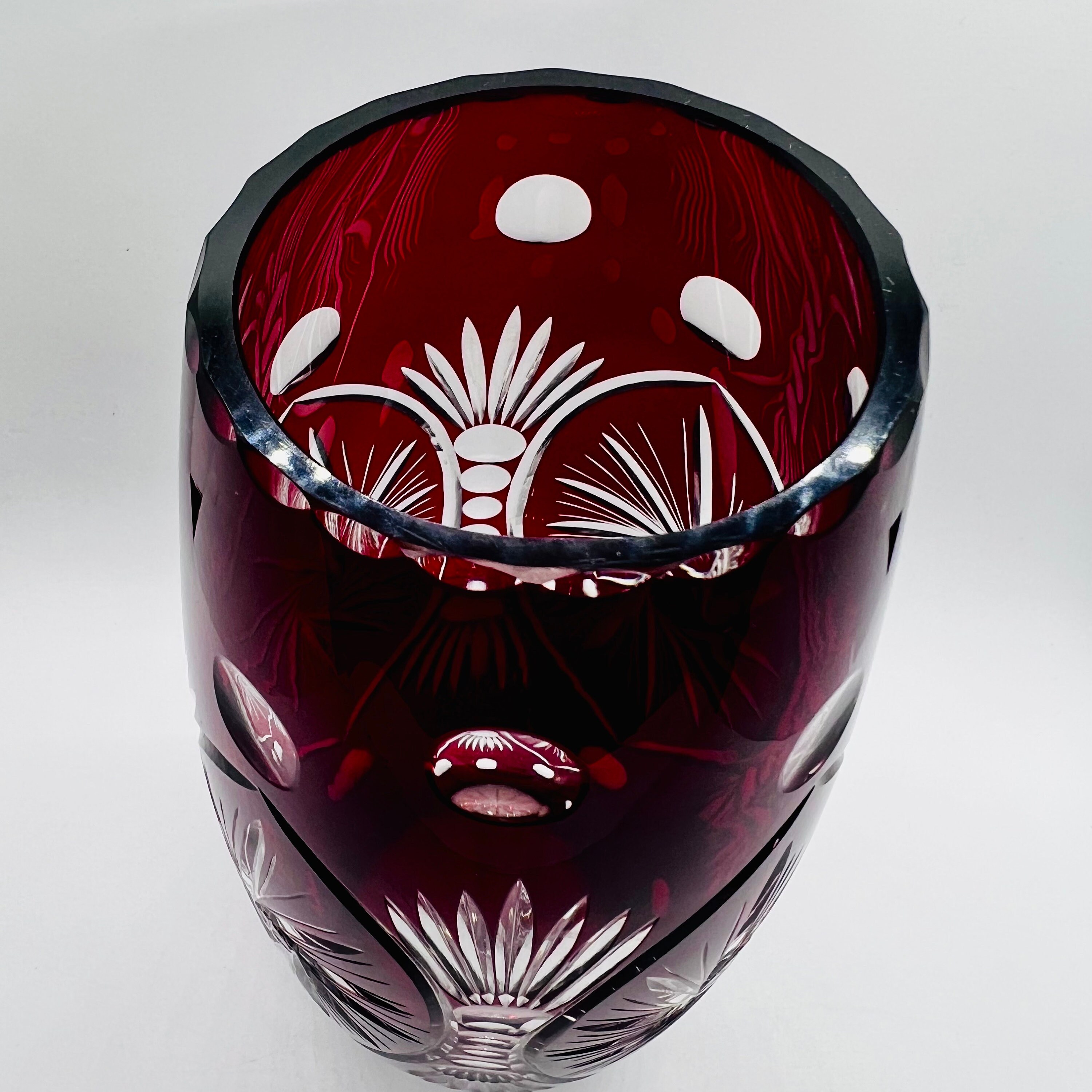 Vintage Bohemian Red Glass Vase, Ruby Red Cut in Clear Vase, Pinwheel ...