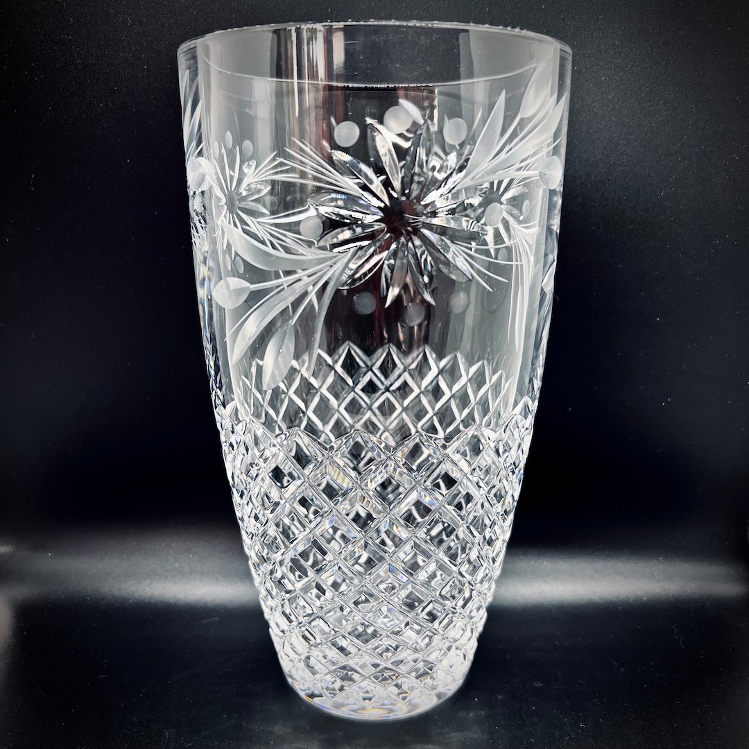 VINTAGE Cut CRYSTAL VASE | Large Heavy Diamond Cut, Flower Band Lead ...