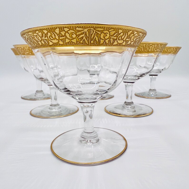 Gilded Champagne Coupe Glasses Set Of 6 Tiffin Crystal Gold Gilded Vintage Cocktail Martini