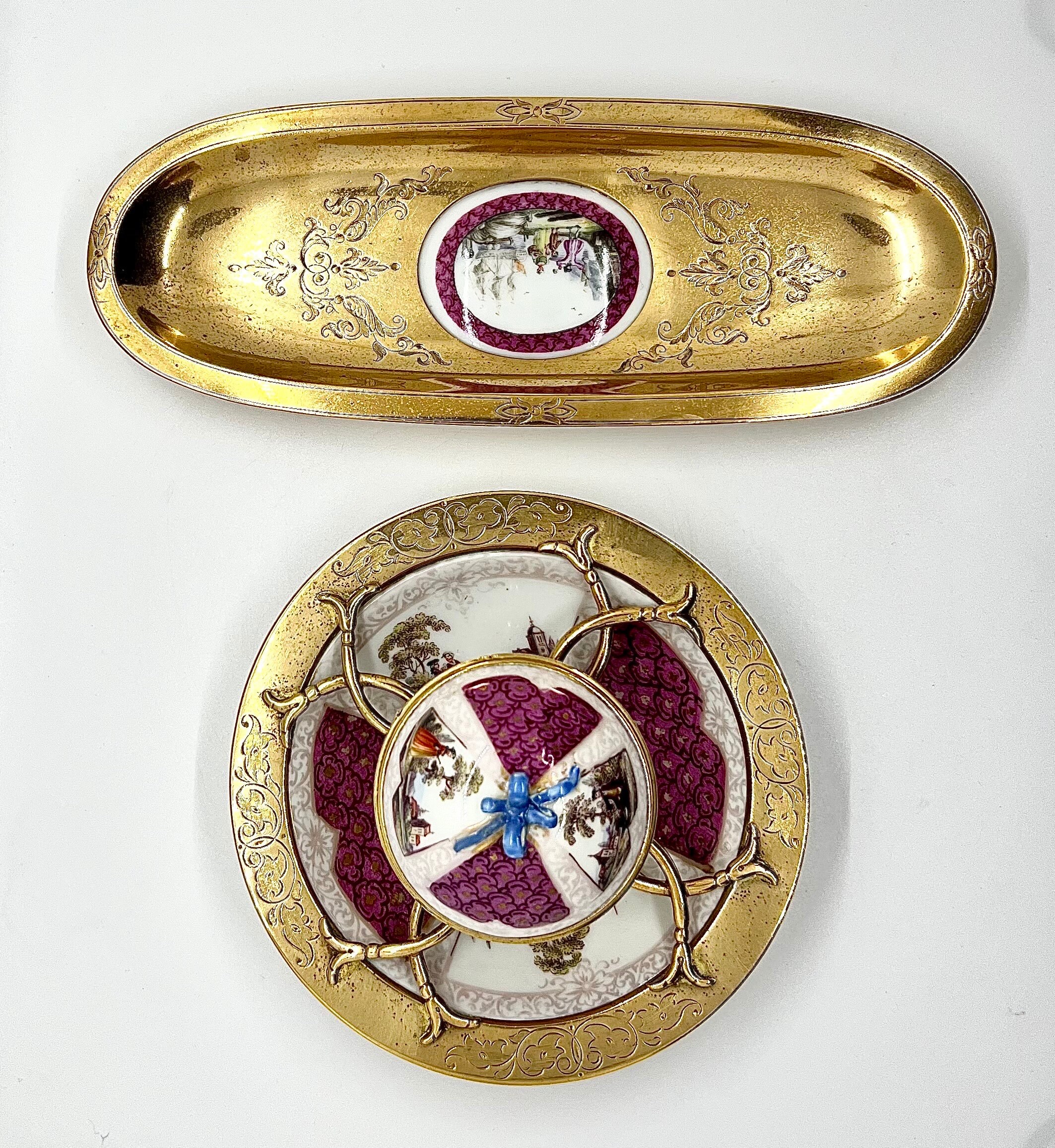 Antique Meissen Porcelain Inkwell Set: Hand-painted Watteau Scene, 19th ...