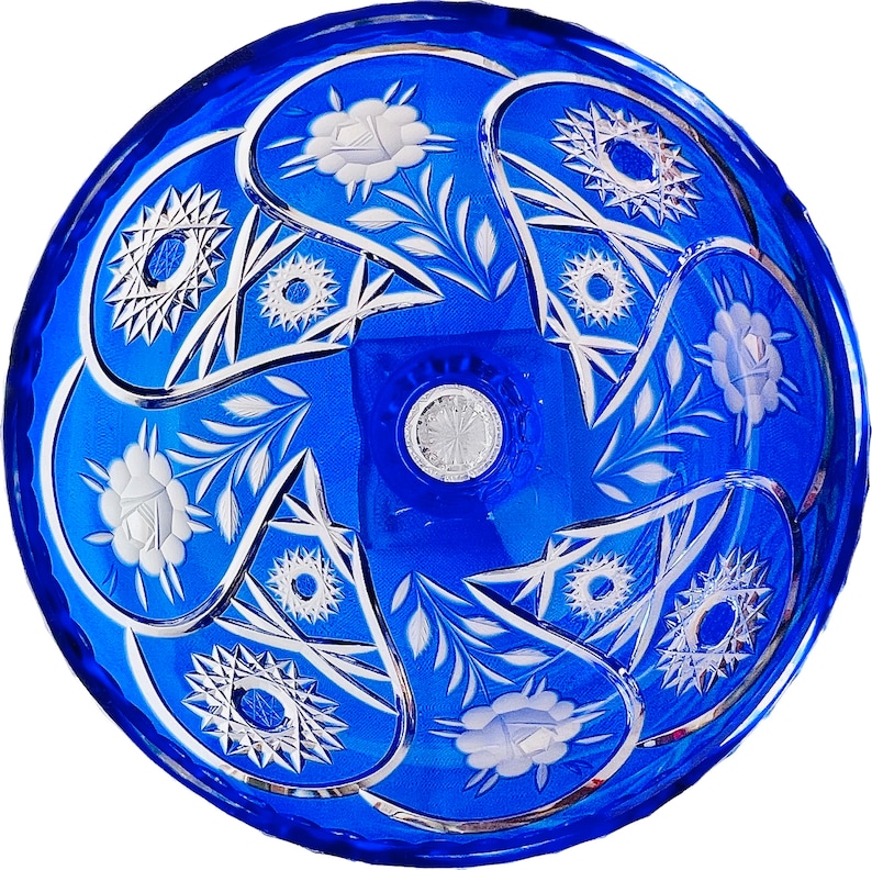 Vintage Bohemian Blue Cut Crystal Centerpiece Bowl: Hobstar Diamond Cut ...