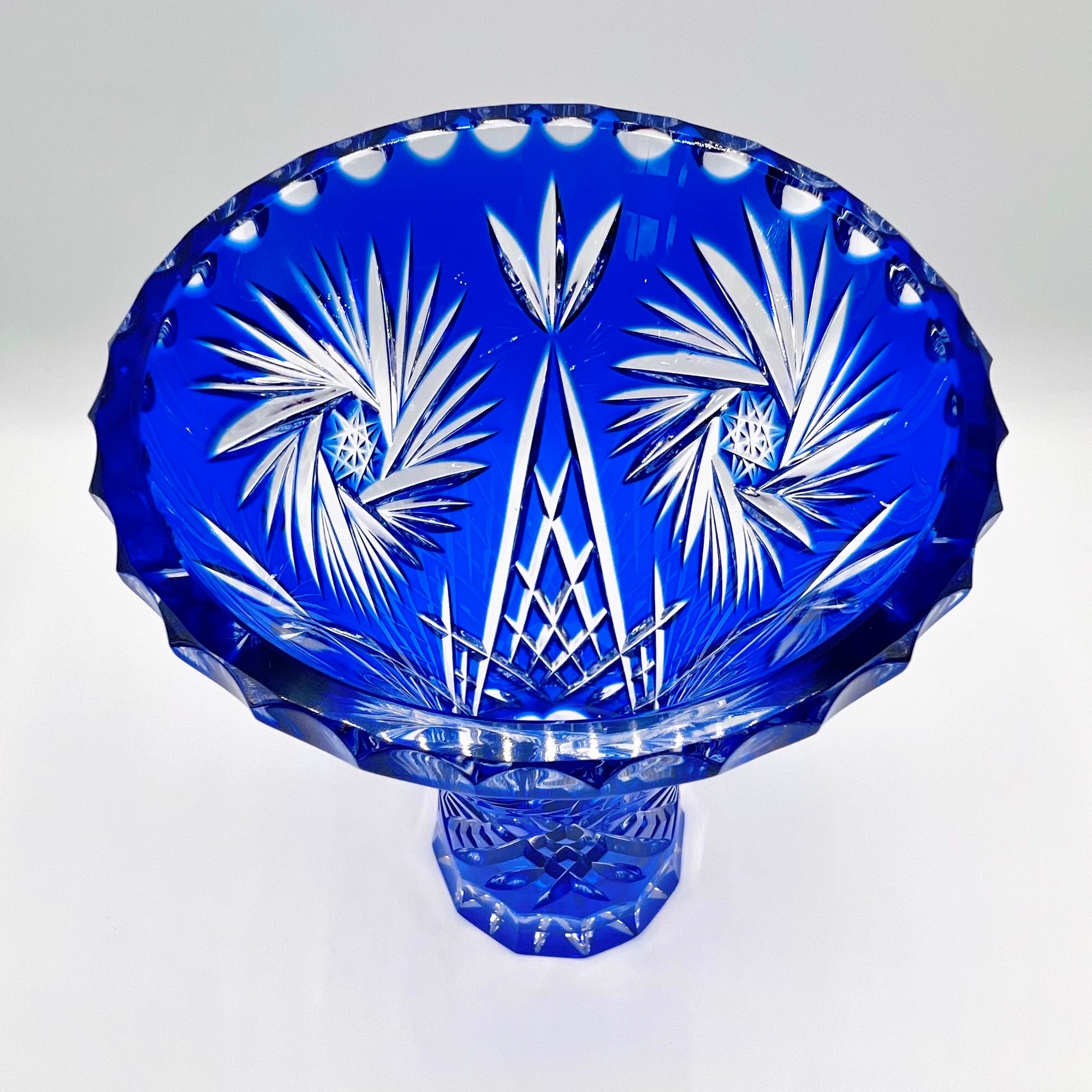 Vintage Bohemian Crystal Vase, Cobalt Blue Overlay Cut Crystal Trumpet ...