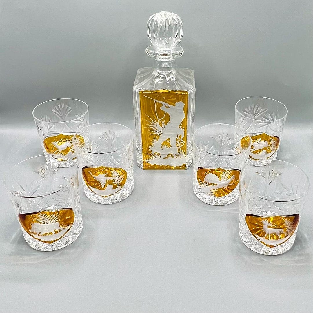 Vintage BOHEMIAN HUNTING SCENE Crystal Whiskey Decanter Set, 7-pieces ...