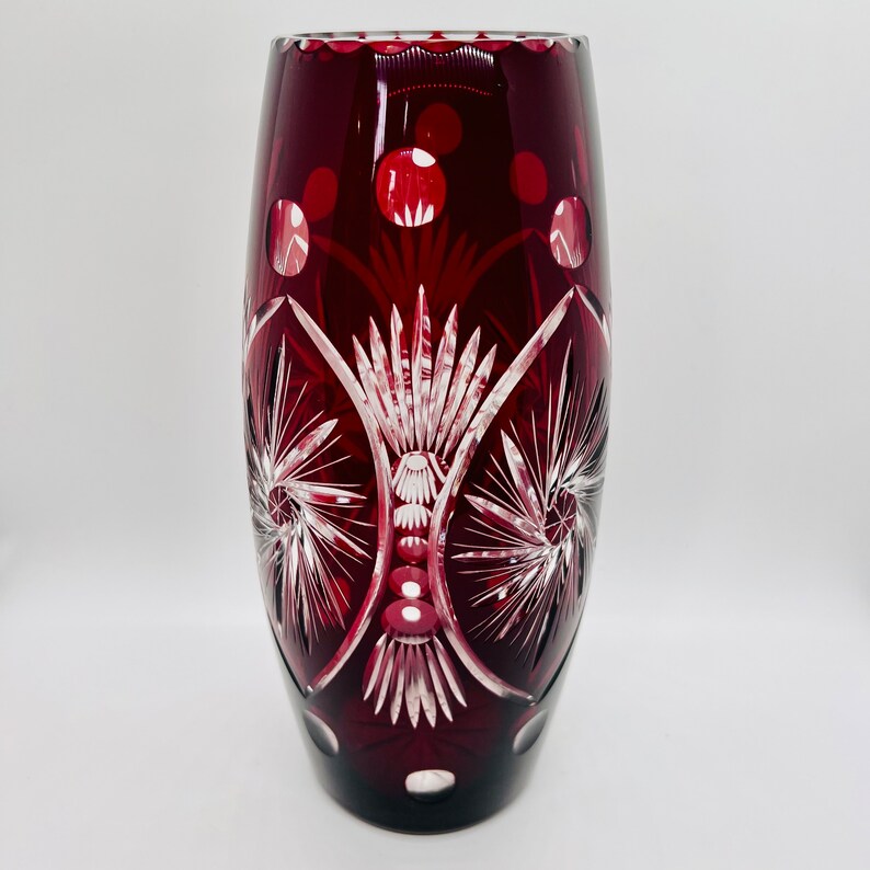 Vintage Bohemian Red Glass Vase, Ruby Red Cut in Clear Vase, Pinwheel ...