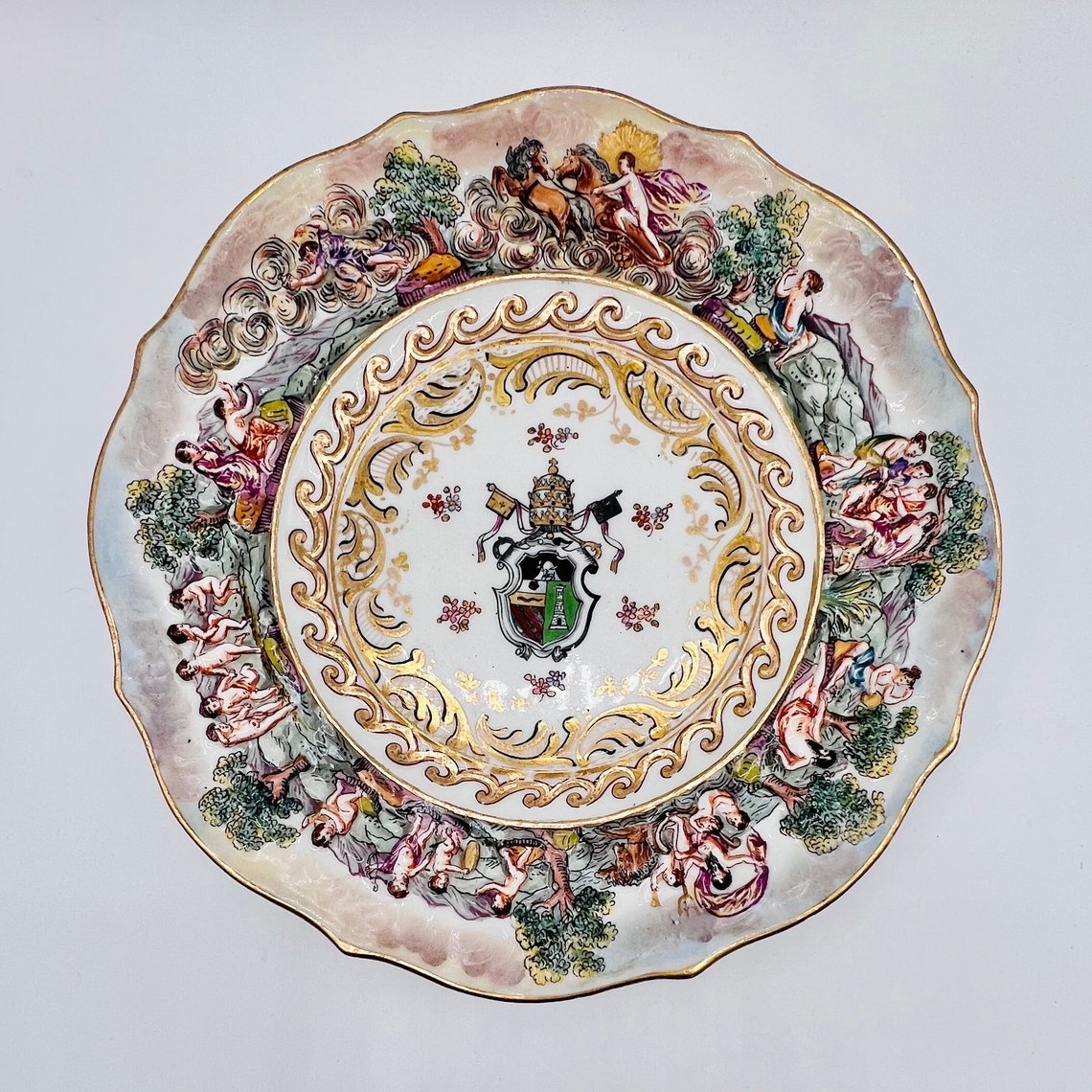 ANTIQUE NAPLES PLATE Capodimonte Porcelain Armorial Relief Plate, 1900 ...