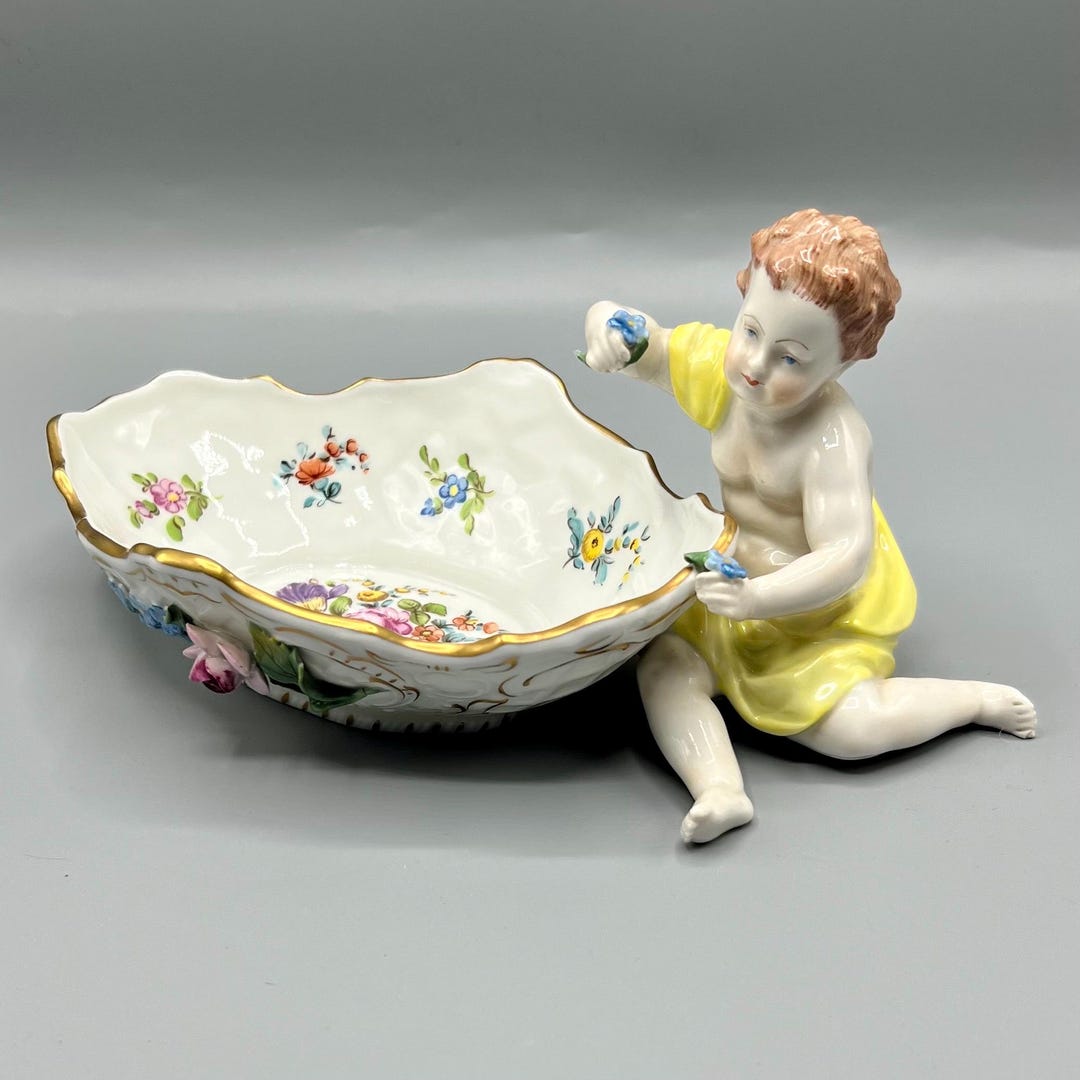Vintage Dresden Porcelain Cherub Dish: Floral Encrusted Bowl, 22cm - Etsy