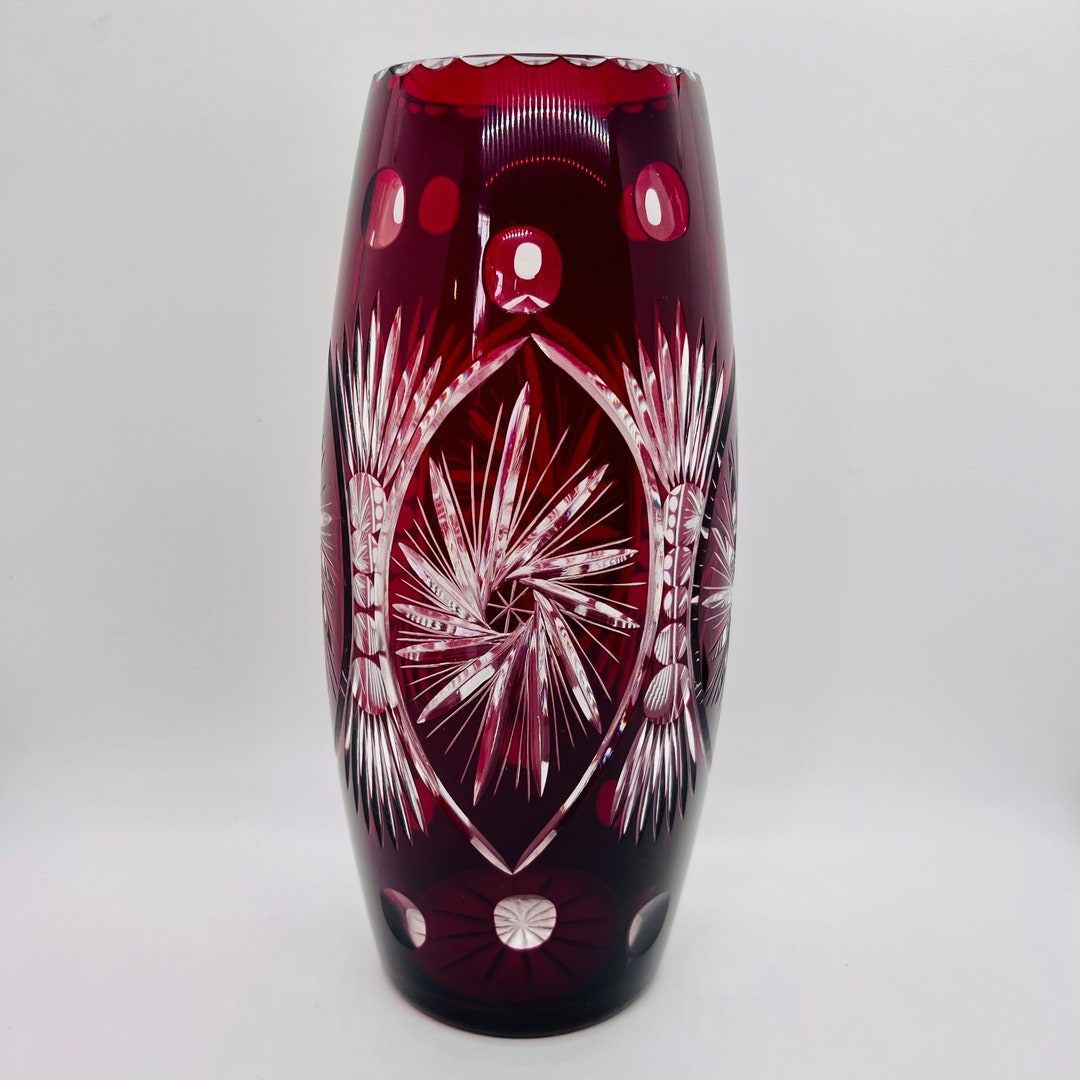 Vintage Bohemian Red Glass Vase, Ruby Red Cut in Clear Vase, Pinwheel ...