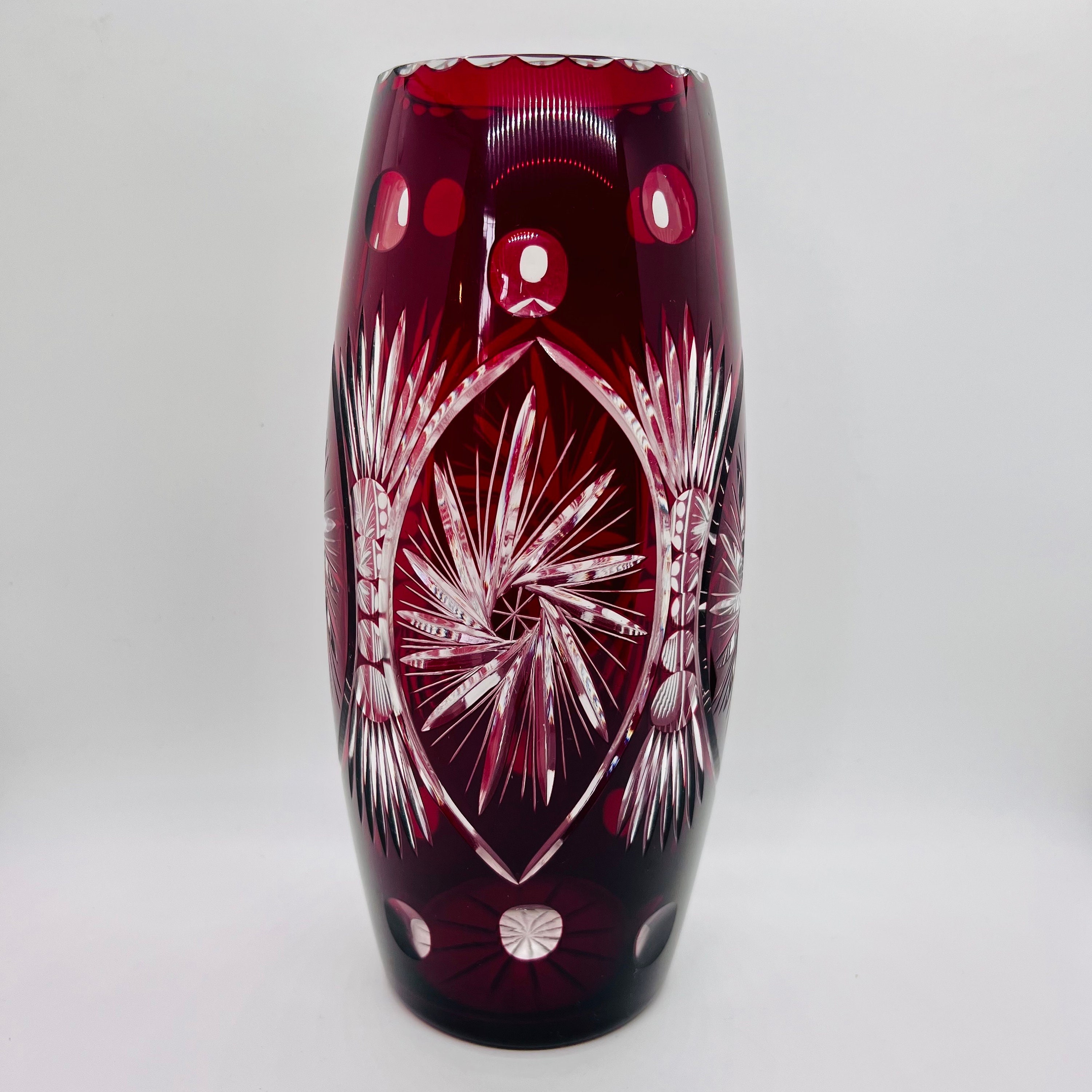 Vintage Bohemian Red Glass Vase, Ruby Red Cut in Clear Vase, Pinwheel ...