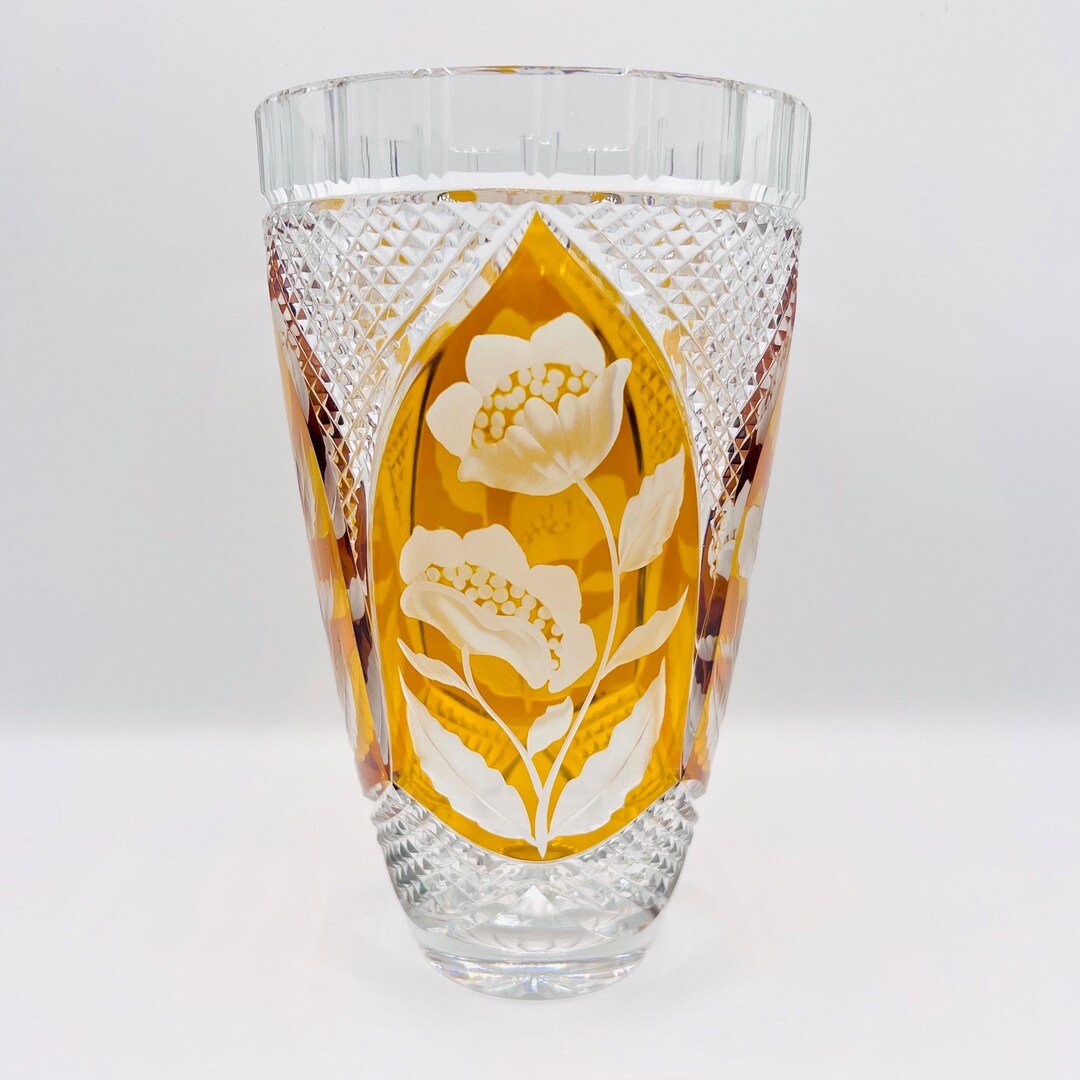 Vintage Bohemian Crystal Vase: Flower Etched Amber Glass - Etsy