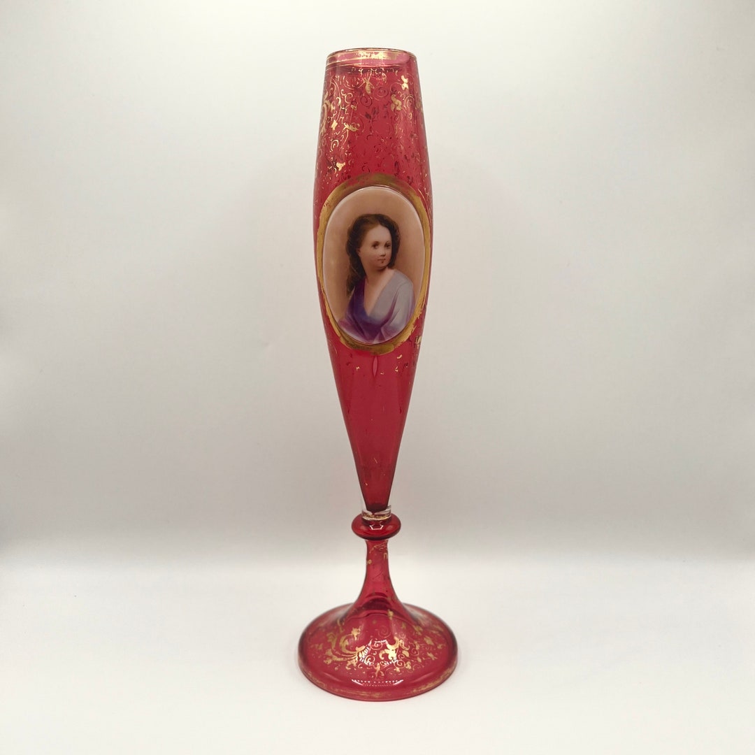 Antique Moser Cranberry Glass Vase: Bohemian Gilded Portrait Enamel - Etsy