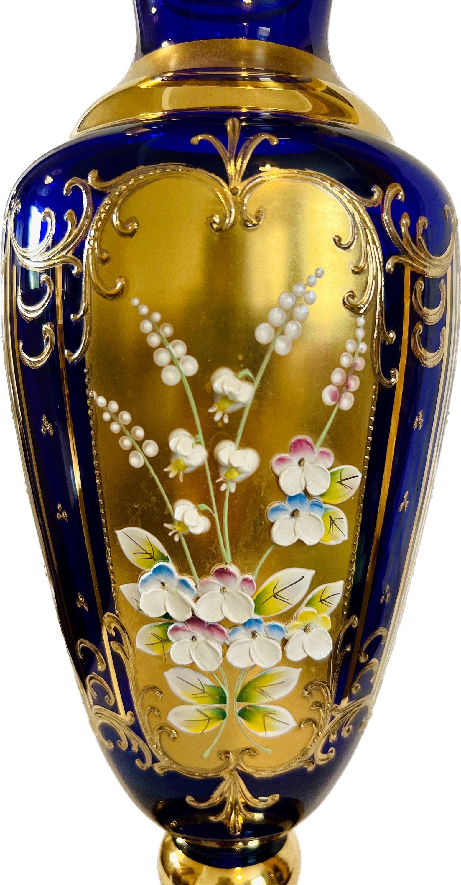 Large Murano Glass Vase: Salvadori Tre Fuochi 24k Gold Enamel Flowers ...