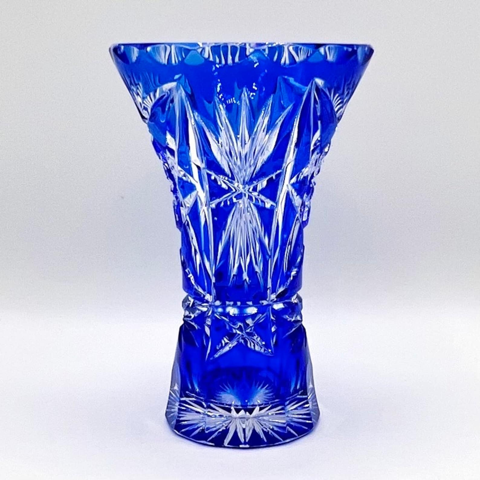 Vintage Bohemian Crystal Vase, Cobalt Blue Overlay Cut Crystal Trumpet ...