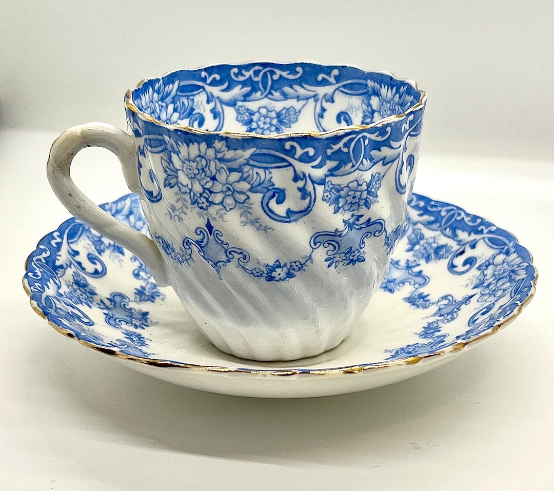 ANTIQUE BLUE & WHITE Porcelain Teaset, Cup and Saucer, Handpainted English Porcelain. Swirl ...