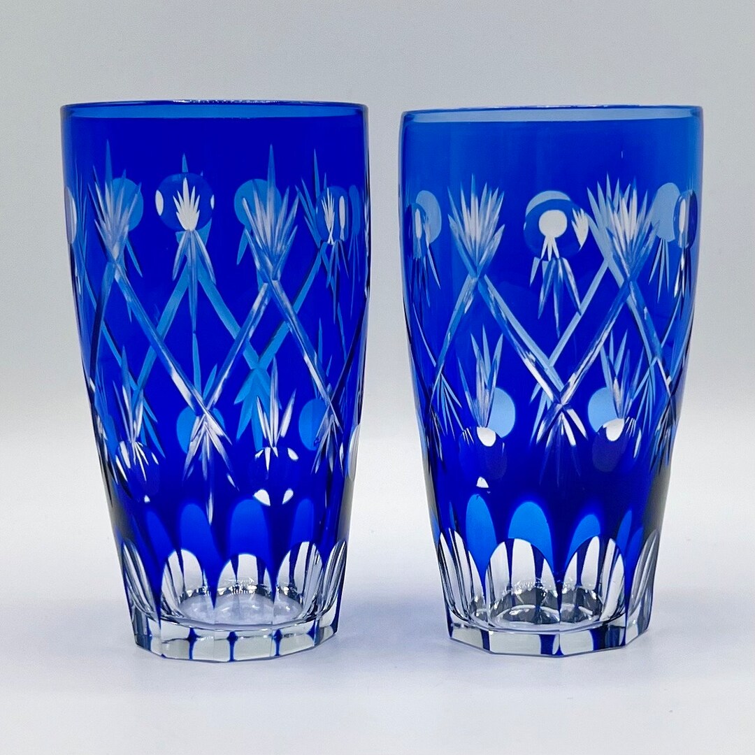 Blue Glass Tumblers, Elegant Pair of Vintage Cobalt Blue Cut Water ...