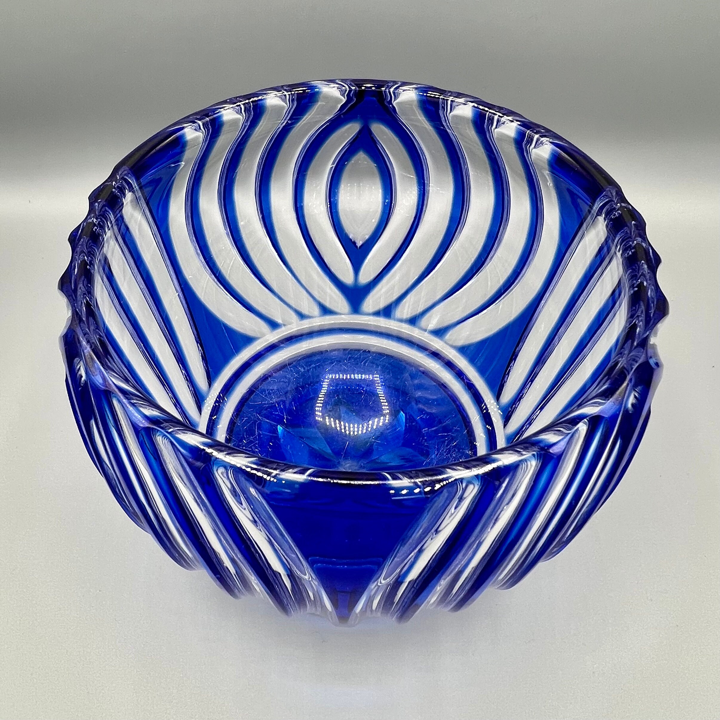 Vintage Crystal Bowl, Footed Cut in Clear Cobalt Blue Centrepiece Bowl ...