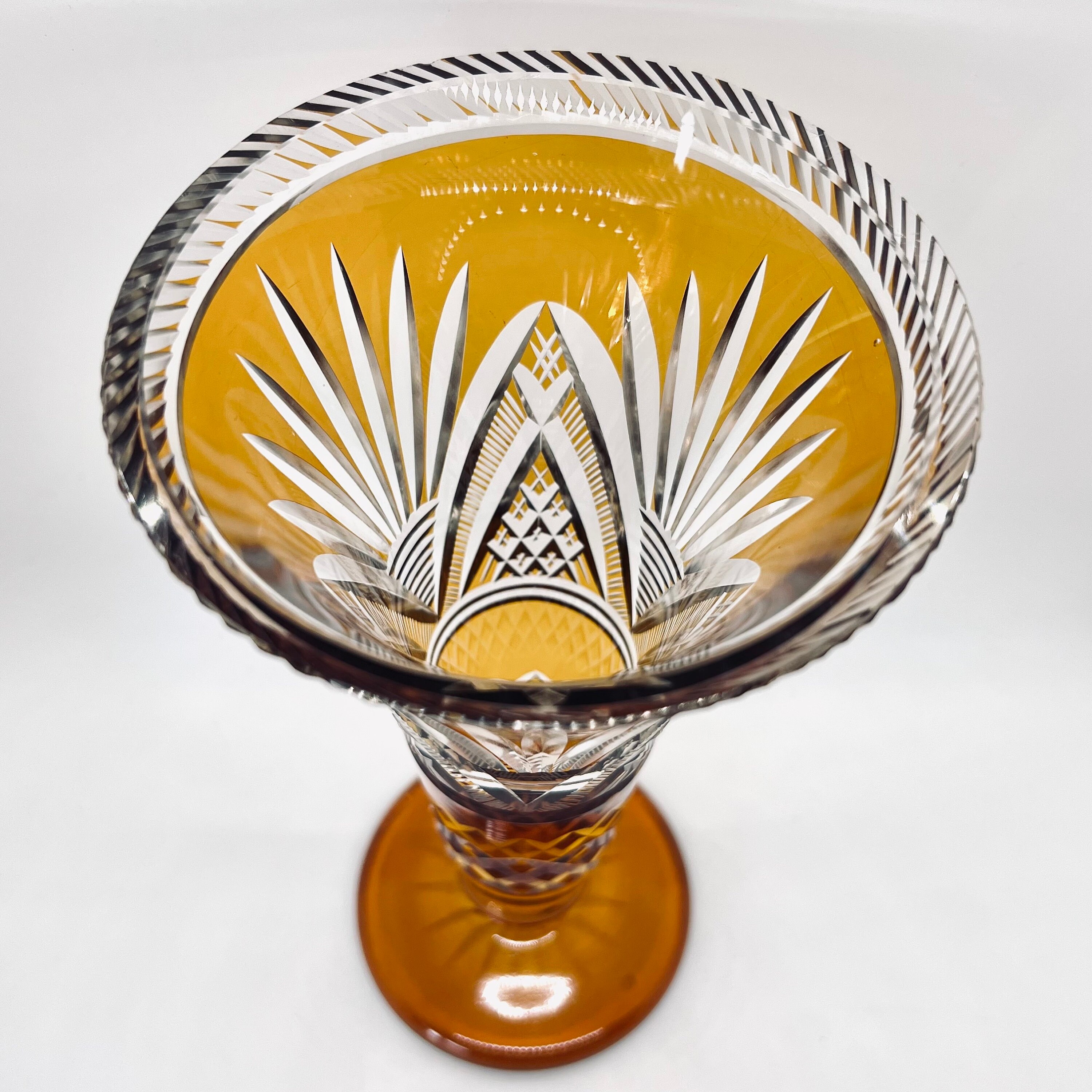 Vintage Cut Crystal Vase, Amber Cut in Clear Footed Trumpet Vase, Amber ...