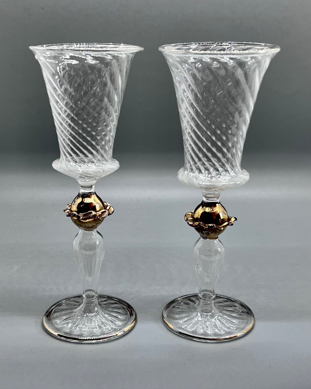 VINTAGE MURANO Glasses, Spiral Glass & Swirl Cup on Gold Ball Stemmed ...