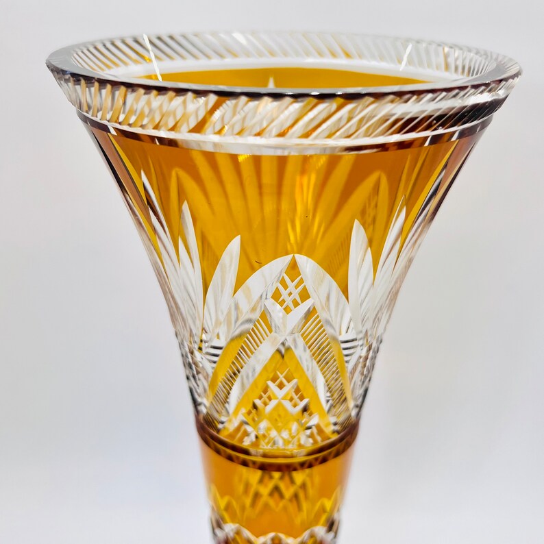 Vintage Cut Crystal Vase, Amber Cut in Clear Footed Trumpet Vase, Amber ...