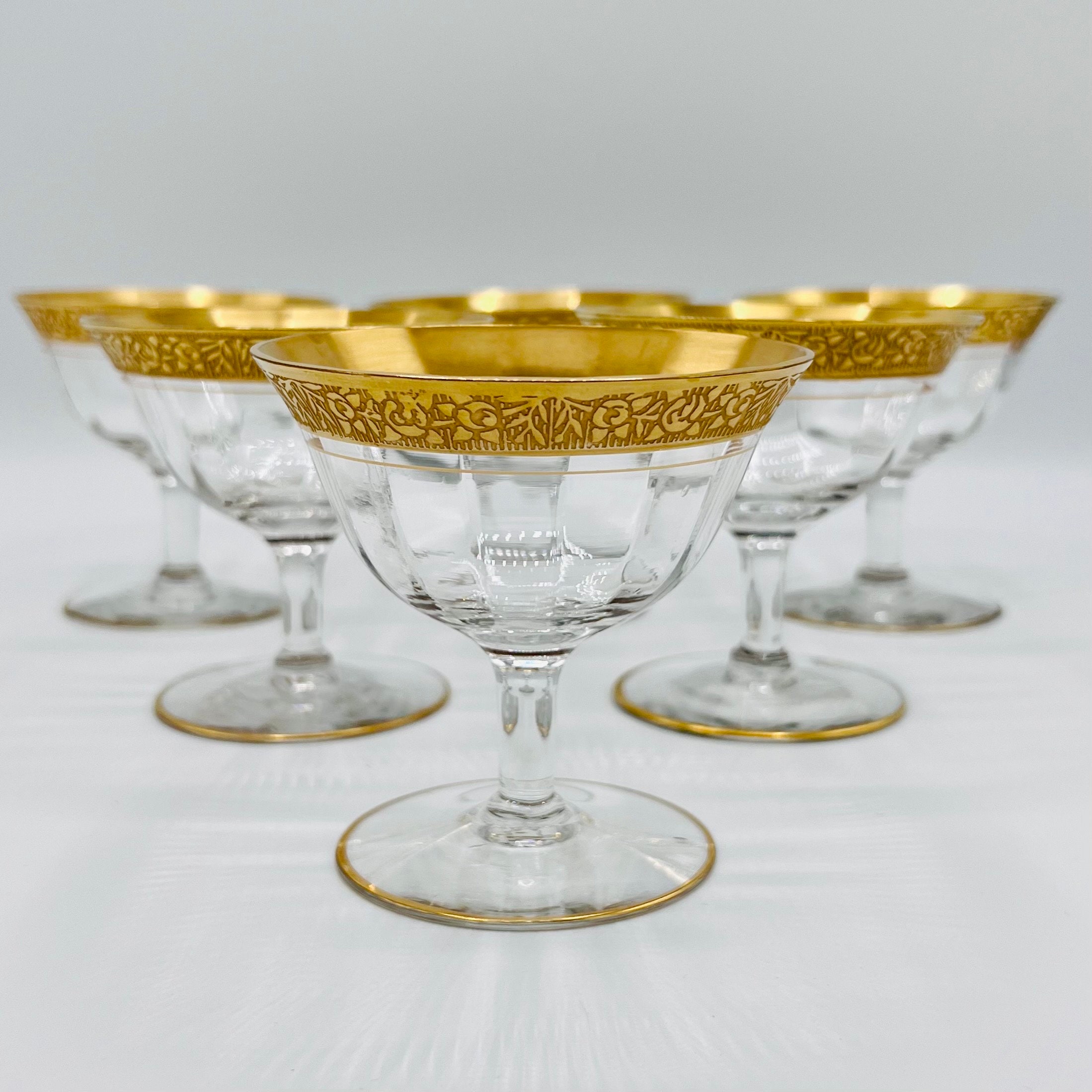 Gilded Champagne Coupe Glasses Set Of 6 Tiffin Crystal Gold Gilded Vintage Cocktail Martini