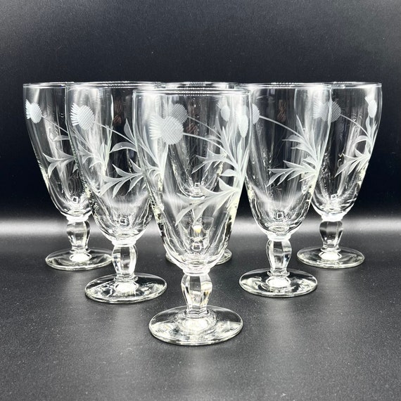 Vintage Thistle Etched Glasses Wine Water Fluted Goblet or Vintage Champagne Glasses on a Short Stem Set of 6 Height 16.8 Cm Etsy UK