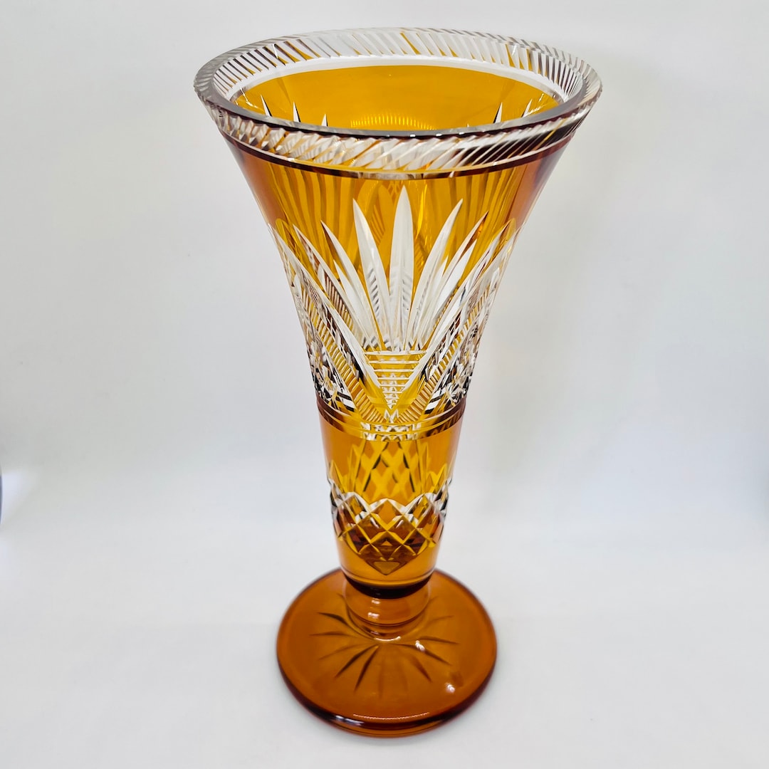 Vintage Cut Crystal Vase, Amber Cut in Clear Footed Trumpet Vase, Amber ...
