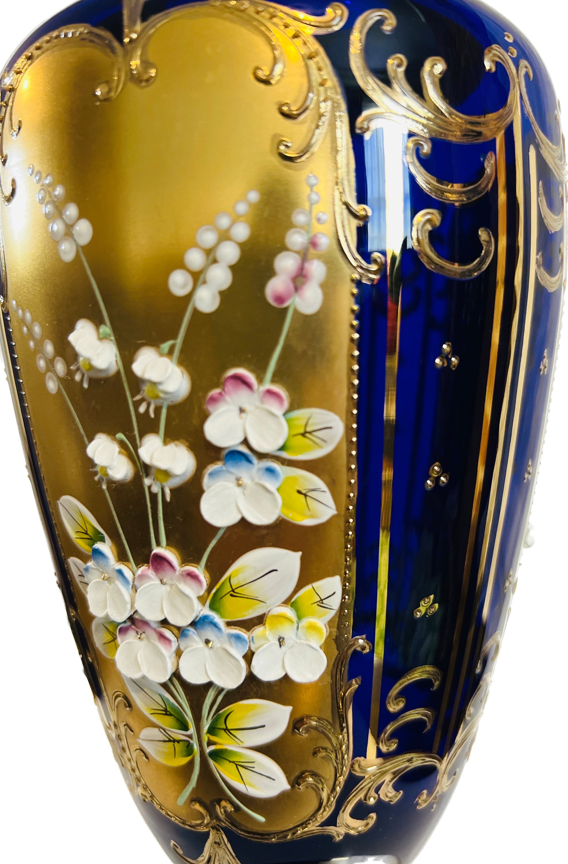 Large Murano Glass Vase: Salvadori Tre Fuochi 24k Gold Enamel Flowers ...