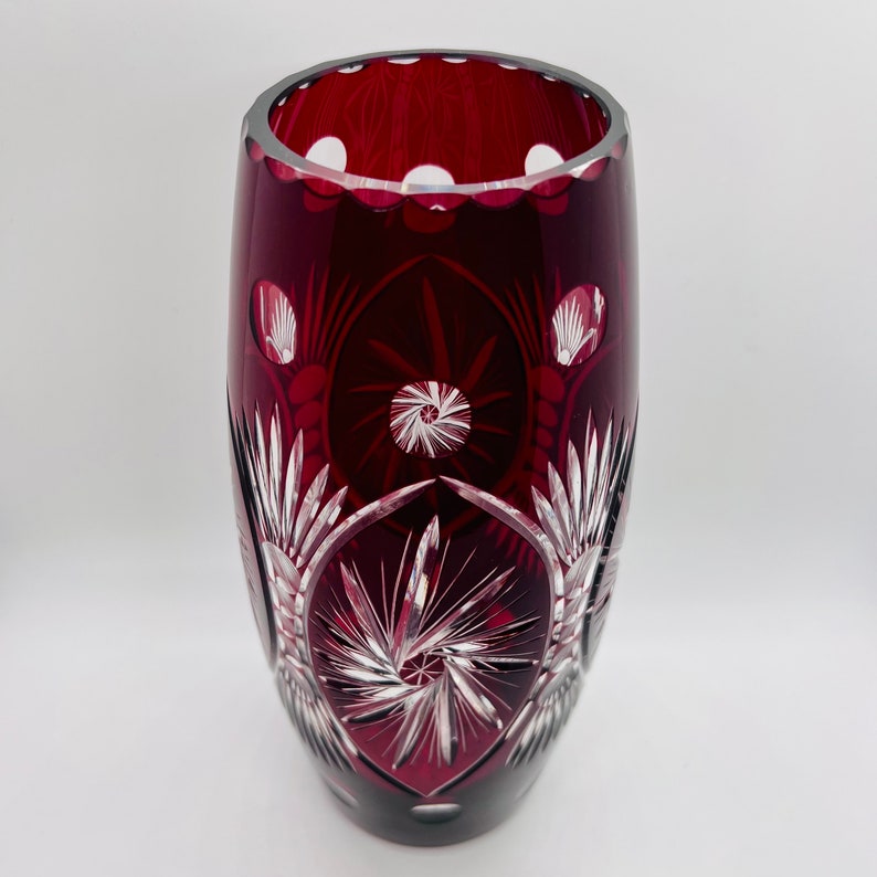 Vintage Bohemian Red Glass Vase, Ruby Red Cut in Clear Vase, Pinwheel ...