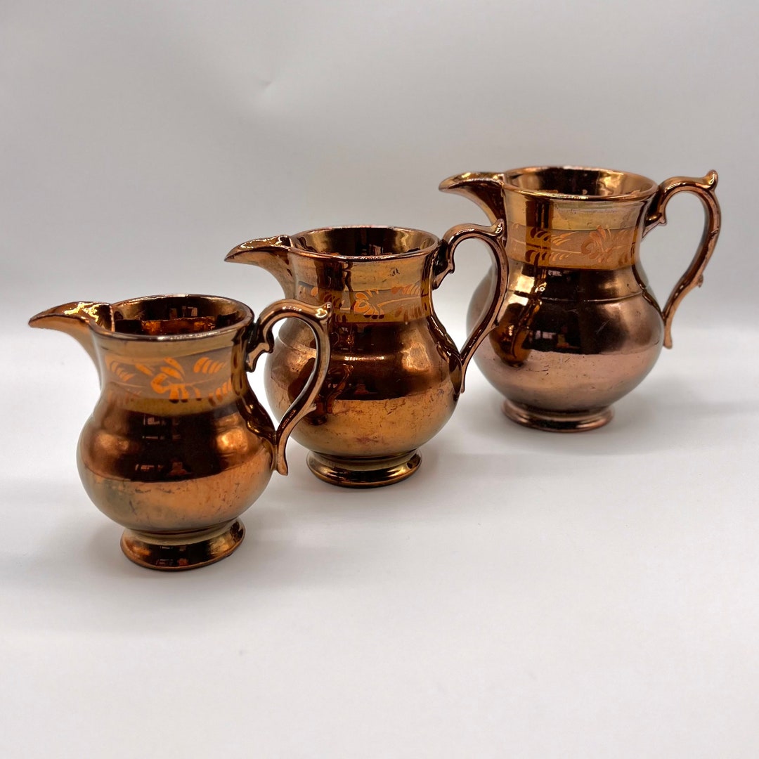 Antique Ceramic Copper Lustre Ware Jugs, 3 Graduated Size, England ...