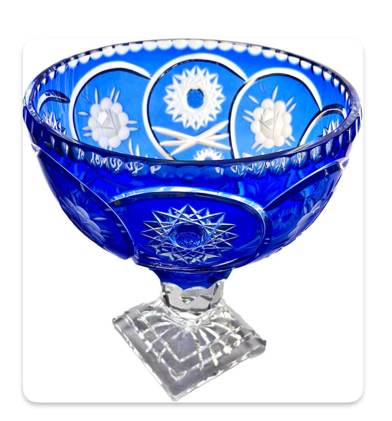 Vintage Bohemian Blue Cut Crystal Centerpiece Bowl: Hobstar Diamond Cut ...