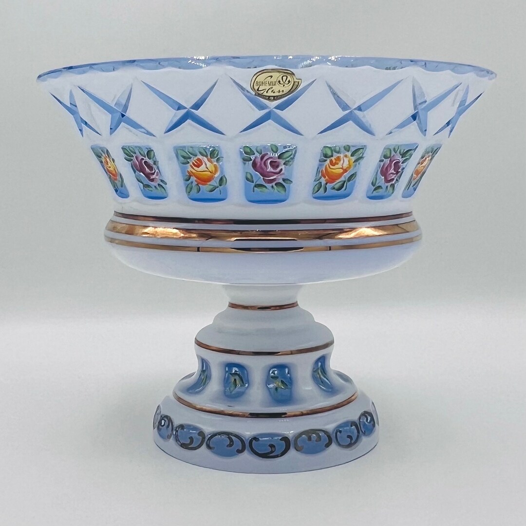 Vintage Bohemia Crystal Pedestal Glass Bowl, Gilded & Handpainted ...