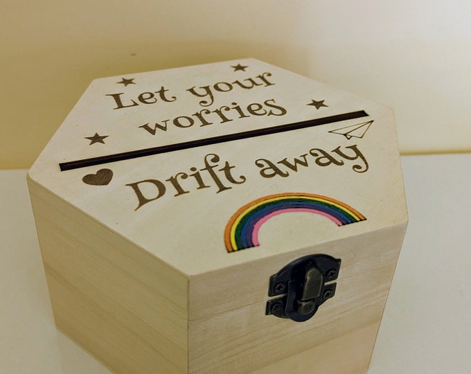 Worry Box - Hexagonal Wooden Box With Latch - Let Your Worries Drift ...
