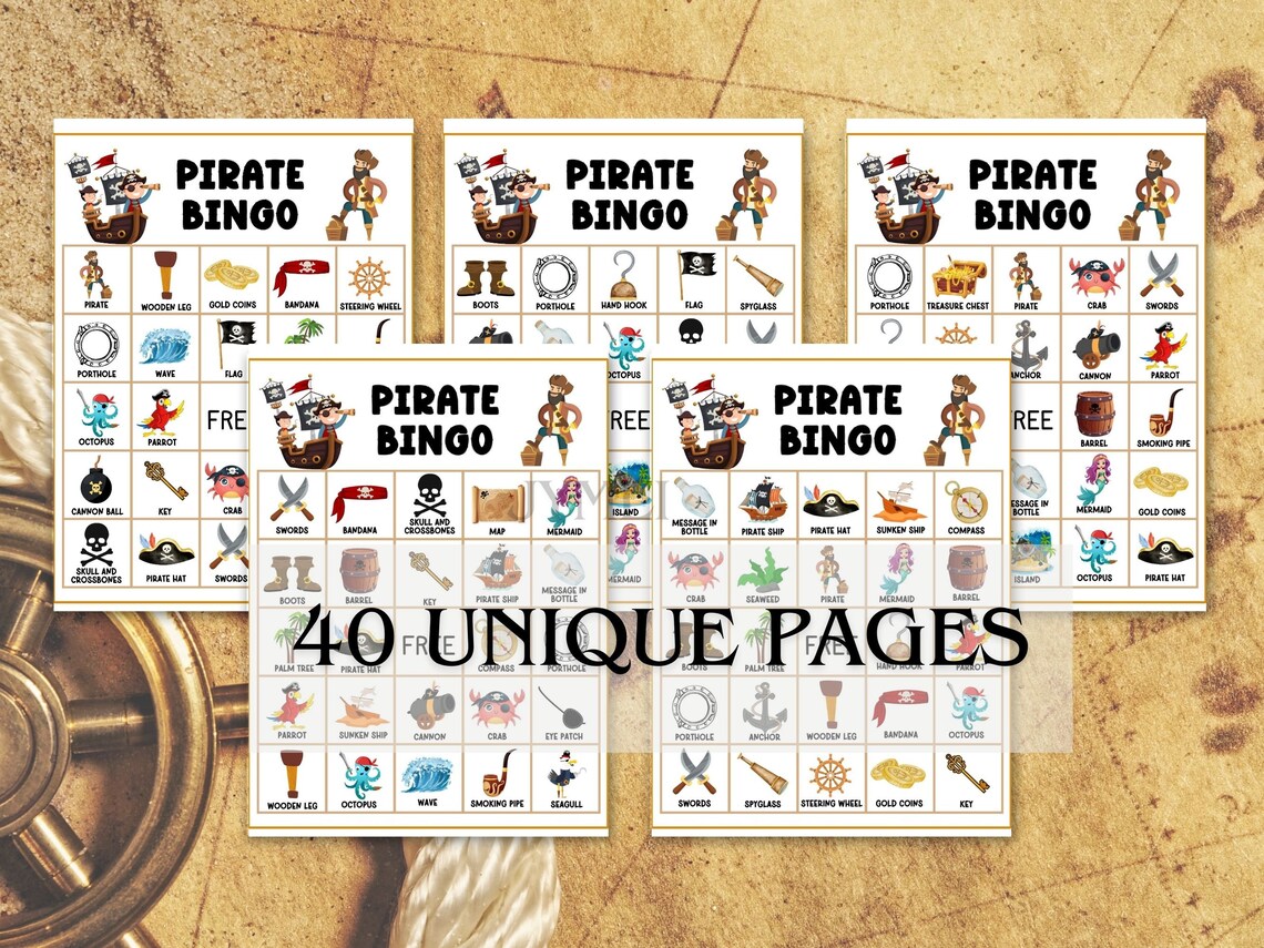 Pirate Bingo, 40 Printable Pirate Bingo Game, Printable Game for Kids ...